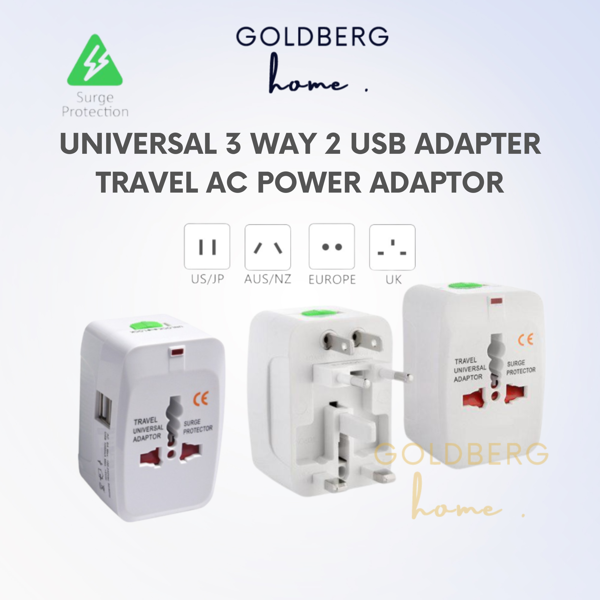Universal 3 Way 2 USB Adapter Travel AC Power Adaptor – Goldberg Home